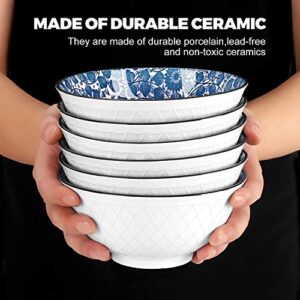 DeeCoo 6 Pack 24-Ounce Japanese Style Ceramic Cereal Bowls for Cereal, Salad, Soup, Pho, Ramen, Dessert, Rice, Noodle, Pasta Bowl Set - Microwave Safe, Stackable, Blue and White, Assorted Patterns