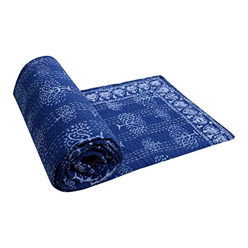 SHIRANYA Cotton Kantha Quilt Bedspread Twin Indian Handmade Indigo Tie Dye Handblock Print Throw Blanket Reversible Traditional Patchwork Stitched Bedding Comforter (90x60 Inch/220x152 cm)