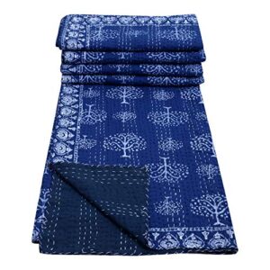 SHIRANYA Cotton Kantha Quilt Bedspread Twin Indian Handmade Indigo Tie Dye Handblock Print Throw Blanket Reversible Traditional Patchwork Stitched Bedding Comforter (90x60 Inch/220x152 cm)