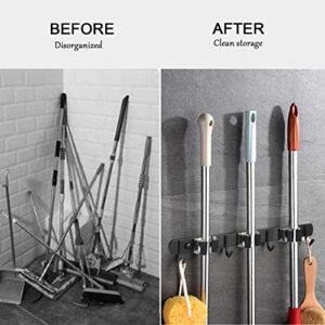 Goowin Broom Holder Wall Mount, Broom Holder, Heavy Duty Stainless Steel Broom and Mop Holder Wall Mounted with 3 Racks 4 Hooks for Bathroom Kitchen Office (Black)