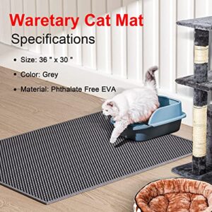 Waretary Cat Litter Mat 36"x 30", Kitty Pretty Litter Box Trapping Mat, Extra Large XL Honeycomb Double Scatter Control Layer Mat, Urine & Waterproof, Washable, Easy Clean, Phthalate Free (Grey)(1 Side Connected)