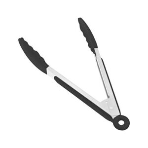 kufung silicone kitchen tongs, serving tongs for cooking, high heat resistant to 480°f, stainless steel metal food tongs with non-stick silicone tips (9 inch, black)