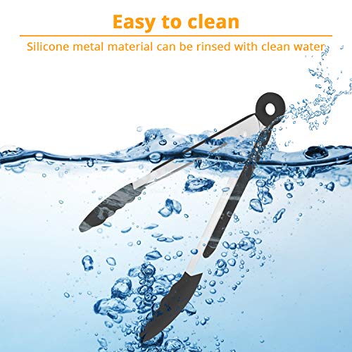 KUFUNG Silicone Kitchen Tongs, Serving Tongs for cooking, High Heat Resistant to 480°F, Stainless Steel Metal Food Tongs with Non-Stick Silicone Tips (9 inch, Black)