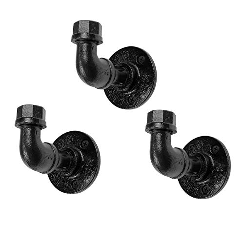 MINCORD 3Pcs Industrial Pipe Decor Coat Hook Racks - Heavy Duty Iron DIY Wall Mounted Rustic Clothes Towel Holder Hanger with Hardware for Bathroom, Home, Office - Electroplated Black Finish