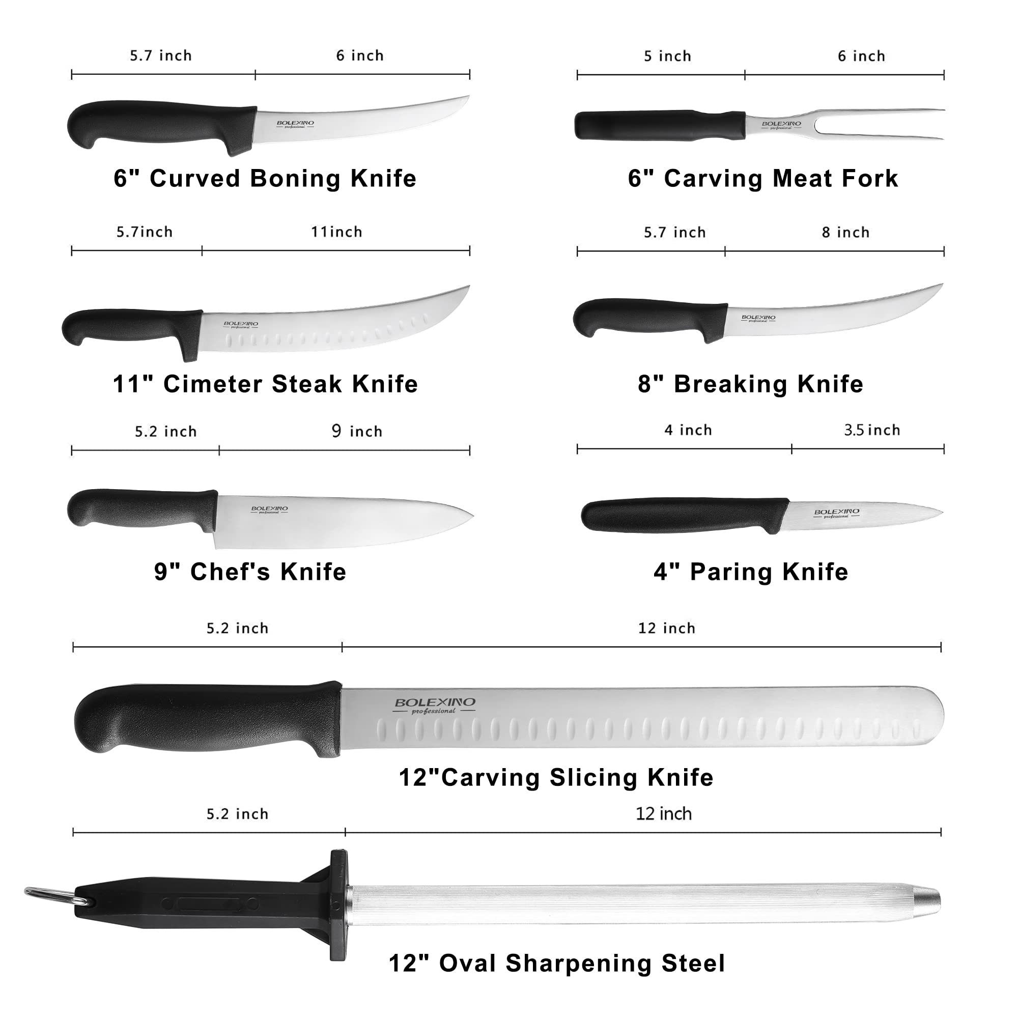 BOLEXINO Professional 9 Piece BBQ Knife Set, Knife Roll, Japanese style Premium stainless Steel Chef Knife Set, The Ultimate Grilling Set with Carrying Bag