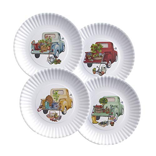 Melamine Floral Truck Dinner and Salad Serving Plates - Set of 4