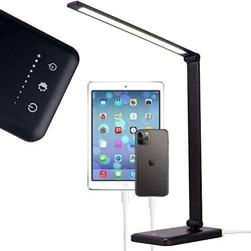 LIGHTACCENTS LED Desk Lamp with USB Charging Port, Smooth Touch Light Dimmer Switch with Adjustable Light Color Temperature Automatic Shut Off Feature Solid Aluminum Construction (Black)