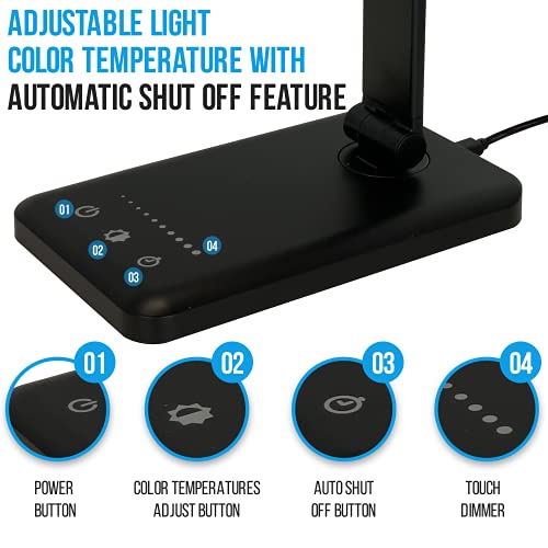 LIGHTACCENTS LED Desk Lamp with USB Charging Port, Smooth Touch Light Dimmer Switch with Adjustable Light Color Temperature Automatic Shut Off Feature Solid Aluminum Construction (Black)