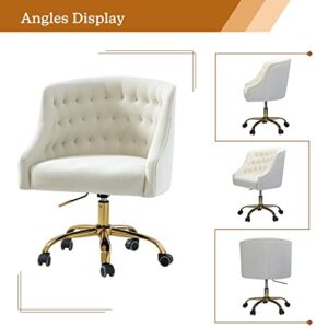 Velvet Home Office Chair with Gold Base, Comfortable Modern Cute Desk Chair, Adjustable Swivel Task Chair for Living Room Bedroom Vanity Study, Ivory