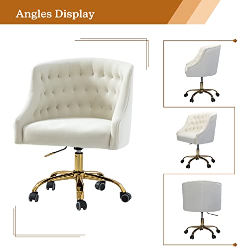 Velvet Home Office Chair with Gold Base, Comfortable Modern Cute Desk Chair, Adjustable Swivel Task Chair for Living Room Bedroom Vanity Study, Ivory