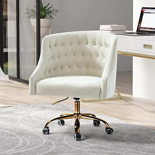 Velvet Home Office Chair with Gold Base, Comfortable Modern Cute Desk Chair, Adjustable Swivel Task Chair for Living Room Bedroom Vanity Study, Ivory