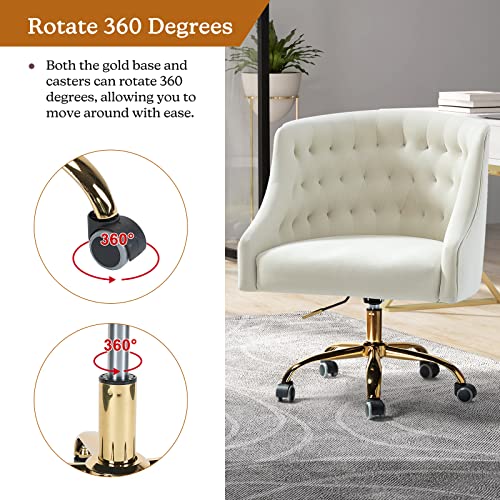 Velvet Home Office Chair with Gold Base, Comfortable Modern Cute Desk Chair, Adjustable Swivel Task Chair for Living Room Bedroom Vanity Study, Ivory