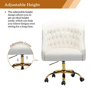 Velvet Home Office Chair with Gold Base, Comfortable Modern Cute Desk Chair, Adjustable Swivel Task Chair for Living Room Bedroom Vanity Study, Ivory