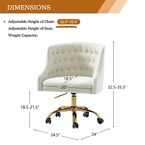 Velvet Home Office Chair with Gold Base, Comfortable Modern Cute Desk Chair, Adjustable Swivel Task Chair for Living Room Bedroom Vanity Study, Ivory