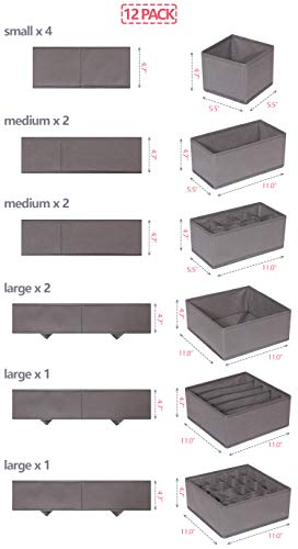 DIOMMELL 12 Pack Foldable Cloth Storage Box Closet Dresser Drawer Organizer Fabric Baskets Bins Containers Divider for Baby Clothes Underwear Bras Socks Lingerie Clothing,M Grey 11-2224