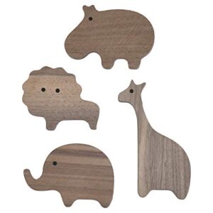 decorative wooden jungle animal wall hooks, set of four, solid walnut wall hooks