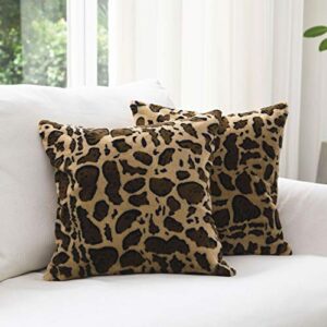 cheer collection set of 2 leopard print throw pillows - soft velvety faux fur decorative couch pillows, 18" x 18"