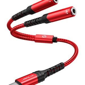 JSAUX USB C Microphone Adapter, USB C to Dual 3.5mm Female Aux Headphone Jack Y Splitter Mic Audio Adapter, Compatible with Samsung Galaxy S21/S20 ,Pixel 4/3/2 XL,Huawei P40/P30 Pro/P20,Oneplus 7-Red