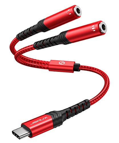 JSAUX USB C Microphone Adapter, USB C to Dual 3.5mm Female Aux Headphone Jack Y Splitter Mic Audio Adapter, Compatible with Samsung Galaxy S21/S20 ,Pixel 4/3/2 XL,Huawei P40/P30 Pro/P20,Oneplus 7-Red