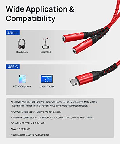 JSAUX USB C Microphone Adapter, USB C to Dual 3.5mm Female Aux Headphone Jack Y Splitter Mic Audio Adapter, Compatible with Samsung Galaxy S21/S20 ,Pixel 4/3/2 XL,Huawei P40/P30 Pro/P20,Oneplus 7-Red