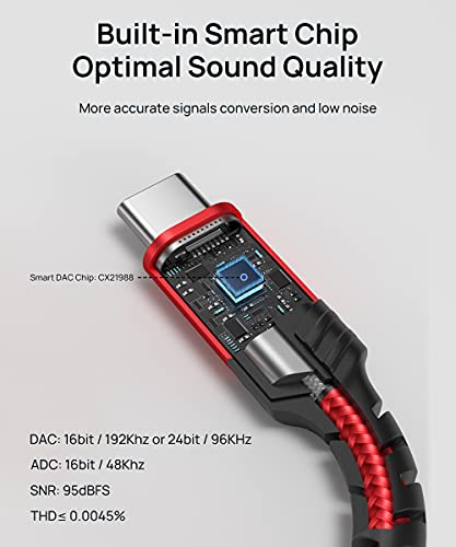 JSAUX USB C Microphone Adapter, USB C to Dual 3.5mm Female Aux Headphone Jack Y Splitter Mic Audio Adapter, Compatible with Samsung Galaxy S21/S20 ,Pixel 4/3/2 XL,Huawei P40/P30 Pro/P20,Oneplus 7-Red