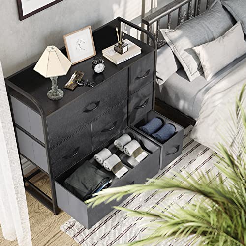 YITAHOME Fabric Dresser with 7 Drawers - Storage Tower with Large Capacity, Organizer Unit for Bedroom, Living Room & Closets - Sturdy Steel Frame, Easy Pull Fabric Bins & Wooden Top (Black/Grey)