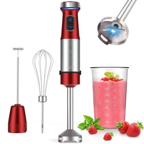 Immersion Hand Blender,500W-Stepless Speed 4-in-1 Smart Stick Blender with 800ml Mixing Beaker,Milk Frother,Egg Whisk for Smoothies/Puree Baby Food/Sauces/Soups,Red