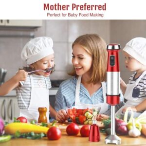 Immersion Hand Blender,500W-Stepless Speed 4-in-1 Smart Stick Blender with 800ml Mixing Beaker,Milk Frother,Egg Whisk for Smoothies/Puree Baby Food/Sauces/Soups,Red