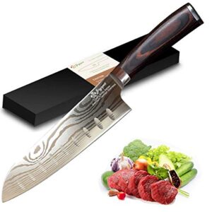 Joyspot Chef's Knife - 7 Inch Japanese Santoku Kitchen Knife - High Carbon German Stainless Steel - Razor Sharp - Stain & Corrosion Resistant - Awesome Edge Retention with Ergonomic Handle