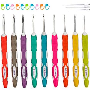 ctcwsh 9 pcs longer ergonomic crochet hook set usa standard size b to j 2.0mm-6.0mm smooth soft grip handles crochet needles knitting needles for arthritic hands,beginners and experienced crocheter