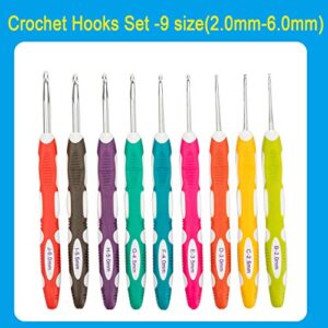 Ctcwsh 9 PCS Longer Ergonomic Crochet Hook Set USA Standard Size B to J 2.0mm-6.0mm Smooth Soft Grip Handles Crochet Needles Knitting Needles for Arthritic Hands,Beginners and Experienced Crocheter