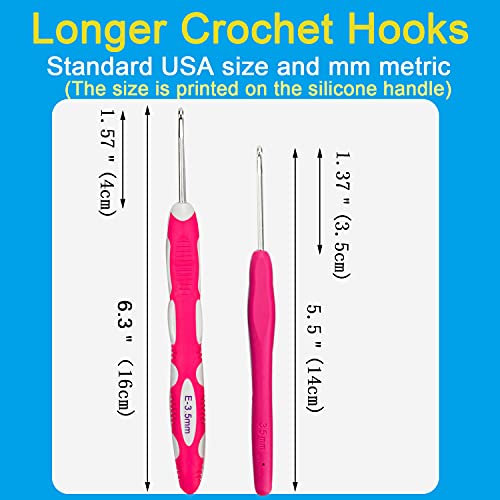 Ctcwsh 9 PCS Longer Ergonomic Crochet Hook Set USA Standard Size B to J 2.0mm-6.0mm Smooth Soft Grip Handles Crochet Needles Knitting Needles for Arthritic Hands,Beginners and Experienced Crocheter