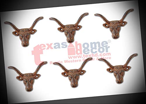 NewSSign Lot of 6 Small Cast Iron Longhorn Steer Hook Rustic Coat Hanger Key Holder Drawer Pull Decor #TX-0243HDe Warranity by PrMch