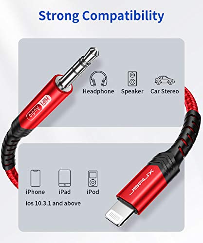 JSAUX Lightning to 3.5mm iPhone AUX Cord 6FT, [Apple MFi Certified] AUX Cord for iPhone Headphones Jack Compatible with iPhone 14/14 Plus/14Pro/13/13 Pro Max/12/12 Pro/11/X/XS/XR/8/Car Stereo-Red