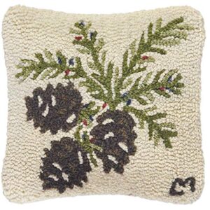 Chandler 4 Corners Artist-Designed Pinecones & Berries Hand-Hooked Wool Decorative Throw Pillow (14” x 14”)