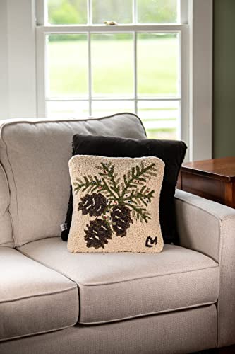 Chandler 4 Corners Artist-Designed Pinecones & Berries Hand-Hooked Wool Decorative Throw Pillow (14” x 14”)