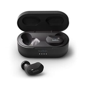 belkin soundform true wireless earbuds, bluetooth headphones with microphone, touch controls, ipx5 sweat & splash resistant for iphone 14, pro, max, mini & galaxy s23 with charging case - black