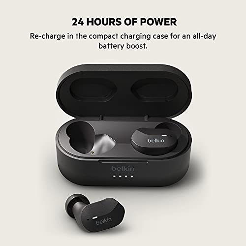 Belkin SoundForm True Wireless Earbuds, Bluetooth Headphones with Microphone, Touch Controls, IPX5 Sweat & Splash Resistant for iPhone 14, Pro, Max, Mini & Galaxy S23 with Charging Case - Black