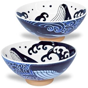 mino ware japanese rice bowl, rice ramen noodle soup sarada pasta, wave whale chawn, 5.7 inch 17.5oz set of 2