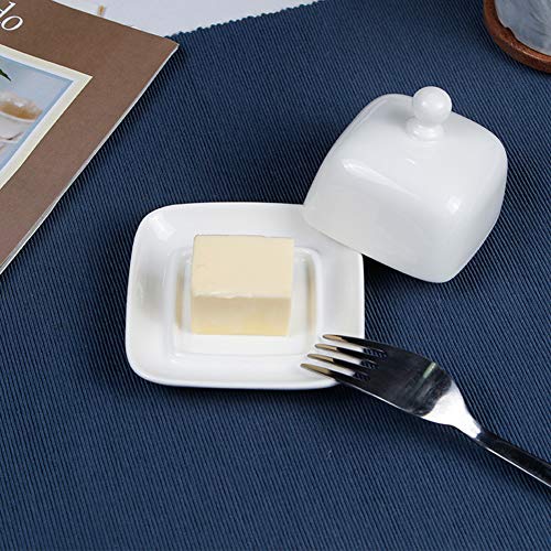 NAGU Mini Square Butter Dish with Lid, White Procelain Domed Cheese Dish with Handle Individual Serving Small Butter Tray, Cute Ceramic Dessert Serving Bowl for Table, Countertop, Refrigerator