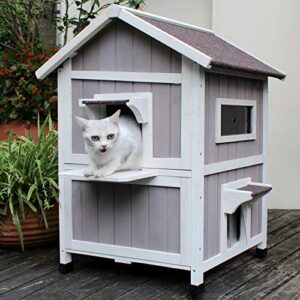 HiCaptain Outdoor Cat House, Wooden Feral Cat Shelter Weatherproof Outside 2 Story Large Kitty House with Escape Door