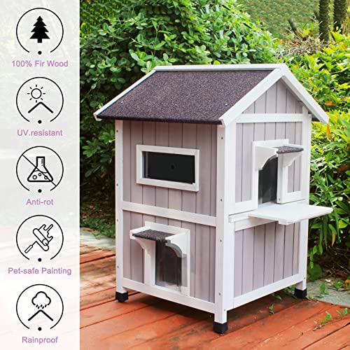 HiCaptain Outdoor Cat House, Wooden Feral Cat Shelter Weatherproof Outside 2 Story Large Kitty House with Escape Door