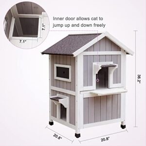 HiCaptain Outdoor Cat House, Wooden Feral Cat Shelter Weatherproof Outside 2 Story Large Kitty House with Escape Door