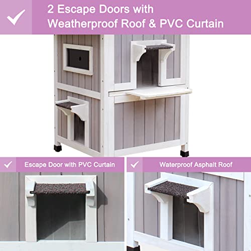 HiCaptain Outdoor Cat House, Wooden Feral Cat Shelter Weatherproof Outside 2 Story Large Kitty House with Escape Door