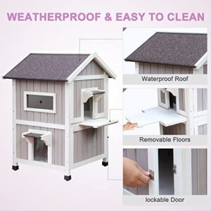 HiCaptain Outdoor Cat House, Wooden Feral Cat Shelter Weatherproof Outside 2 Story Large Kitty House with Escape Door