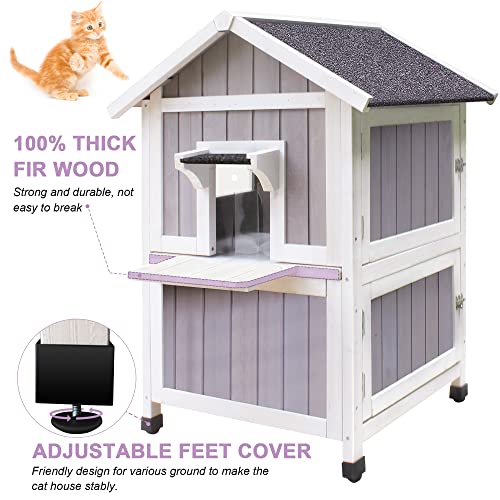 HiCaptain Outdoor Cat House, Wooden Feral Cat Shelter Weatherproof Outside 2 Story Large Kitty House with Escape Door