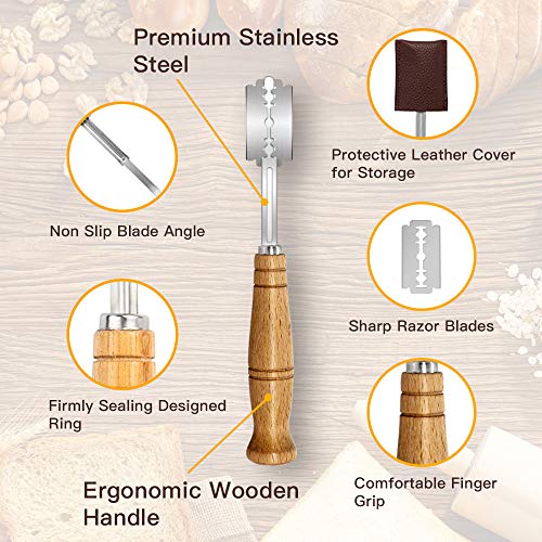 PPNZQAUT Premium Lame Bread Tool for Bakers, Handcrafted Bread Scoring Knife Lame with 10 Replaceable Blades, Homemade Pizza, Cake or Bread Lame Cutter Dough Scoring Tool with Leather Protective Cover