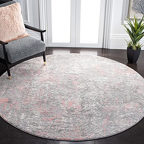 SAFAVIEH Meadow Collection 6'7" Round Grey / Pink MDW583H Modern Abstract Area Rug