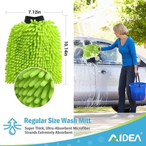 AIDEA Car Wash Mitt Microfiber, 2PK-Scratch & Lint Free, Premium Chenille Microfiber Wash Mitt-Green Regular Size (7.12''X10.14'')