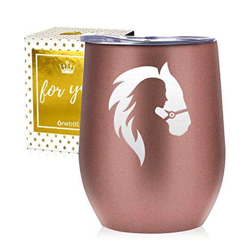 Onebttl Horse Gifts for Women, Girls, Insulated Stainless Steel Wine Tumbler with Lid, Equestrian Gifts for Horse Lovers, Cowgirls, Perfect for Birthday, Rose Gold